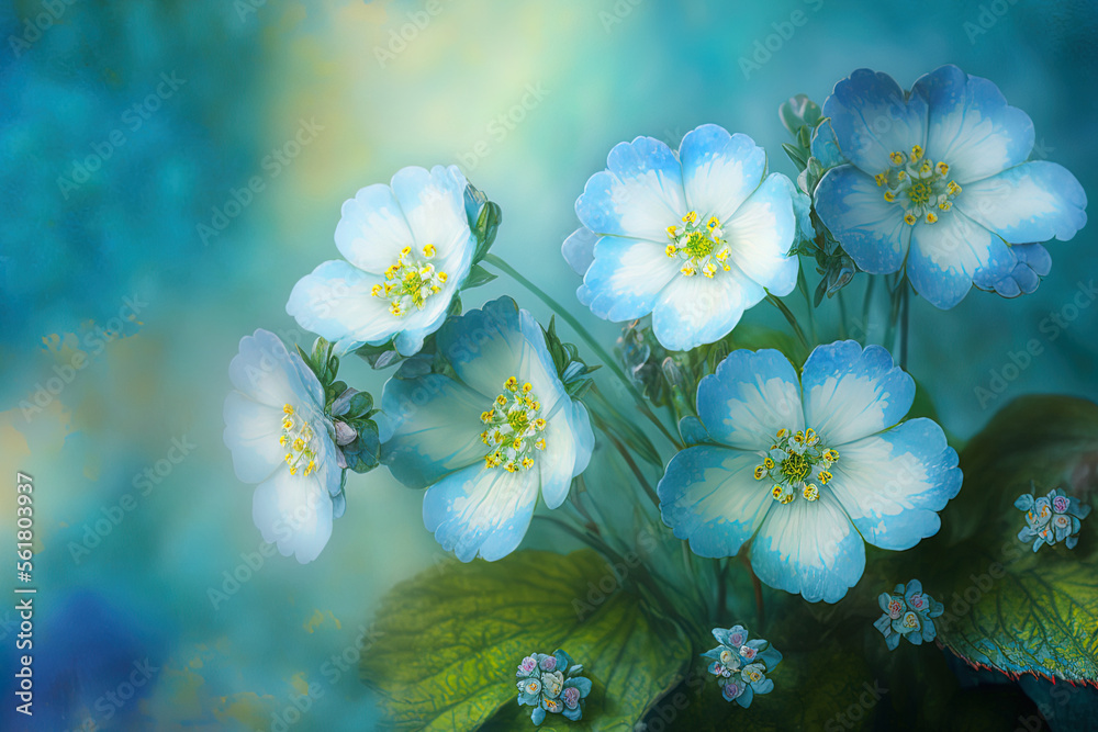 Primroses in the springtime in a forest with gorgeous blue backgrounds ...