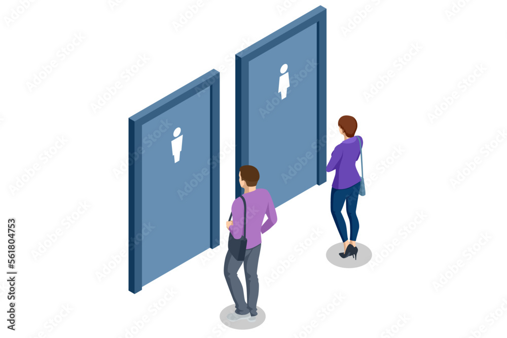 Isometric People Waiting to use Public Toilet. Male and Female Restroom ...
