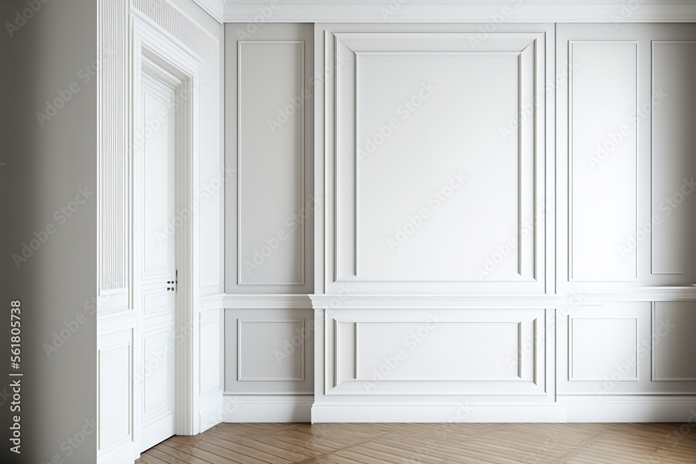 Classic white interior with wooden flooring, moldings, and wall panels ...