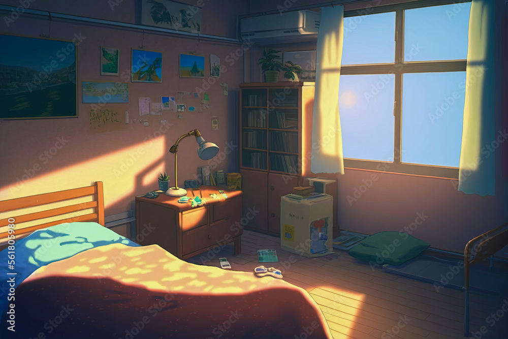 Interior of a teenager's room. Anime style illustration featuring a ...