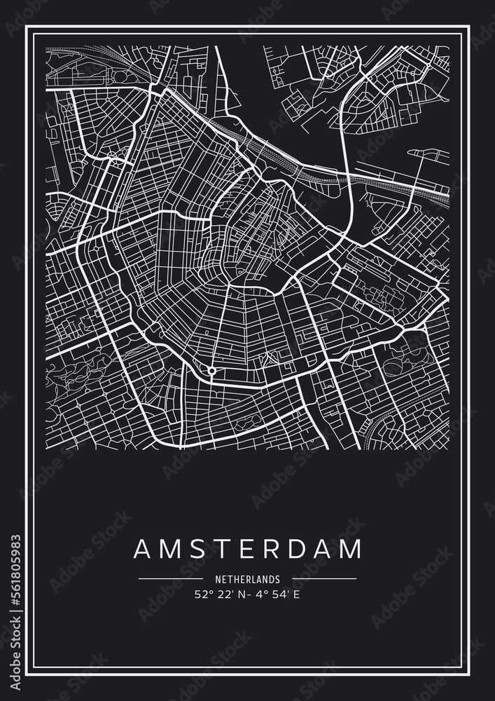 Poster Black and white printable Amsterdam city map, poster design ...