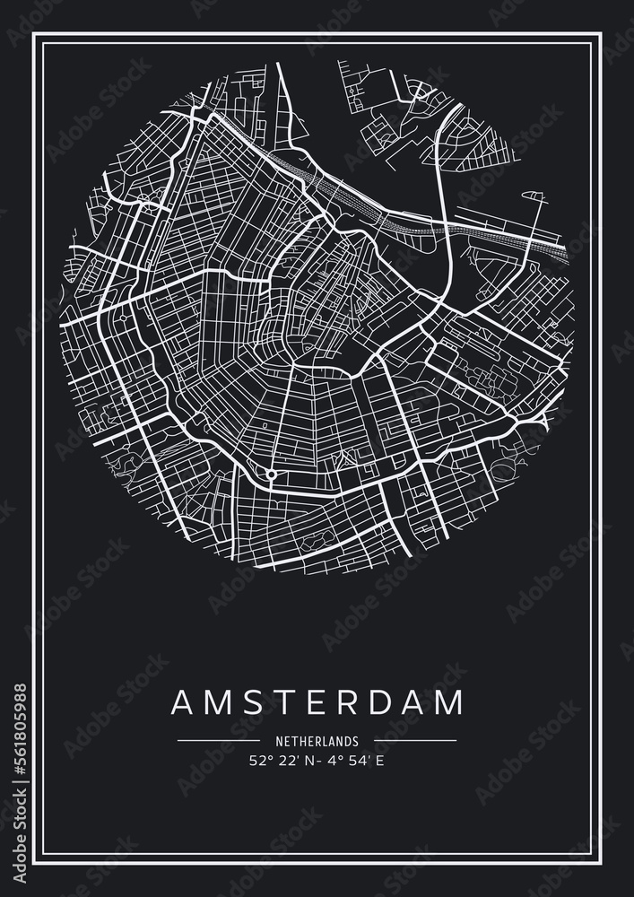 Black and white printable Amsterdam city map, poster design, vector ...