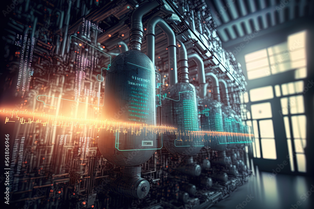 Blurry factory digitalization with information indicating the ...