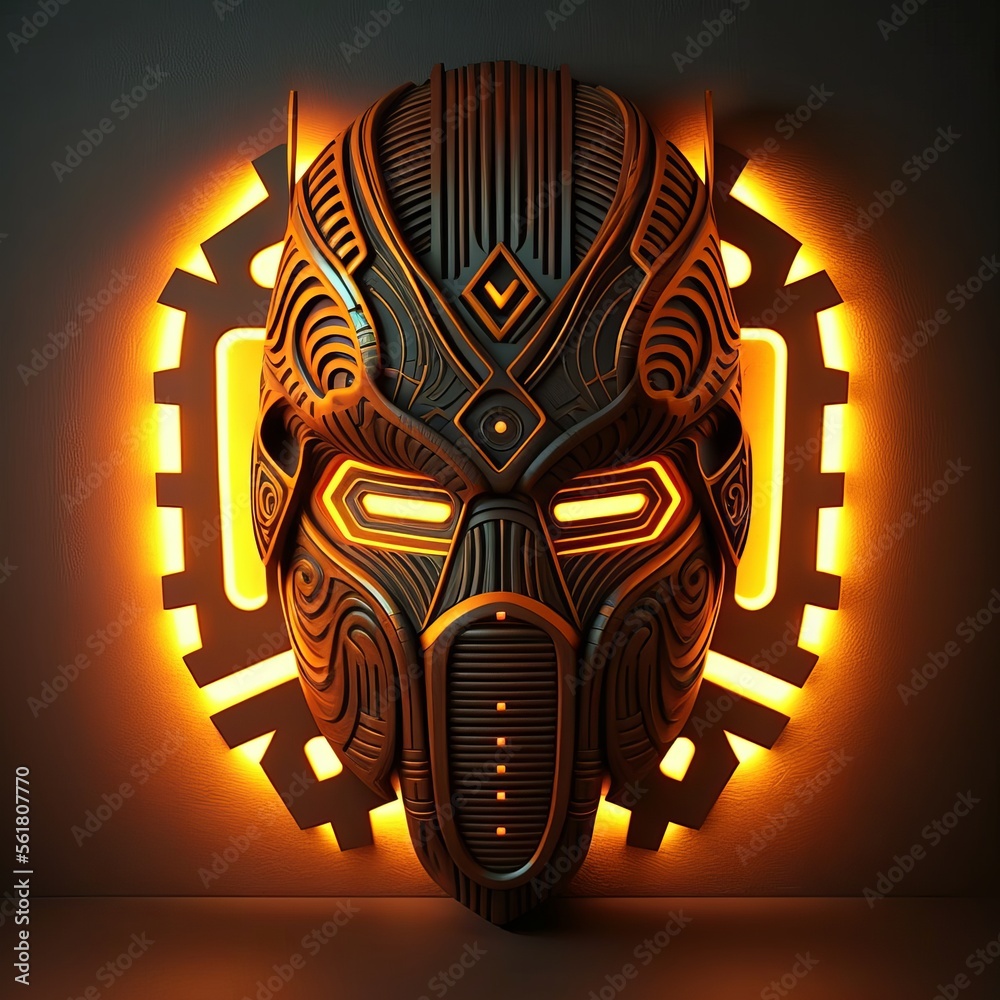 Traditional looking African mask. Neon lights coming from the back of ...