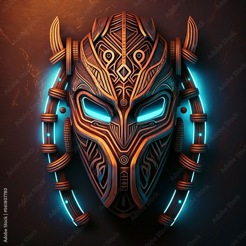 Traditional African mask. Neon lights coming from the back of the mask ...