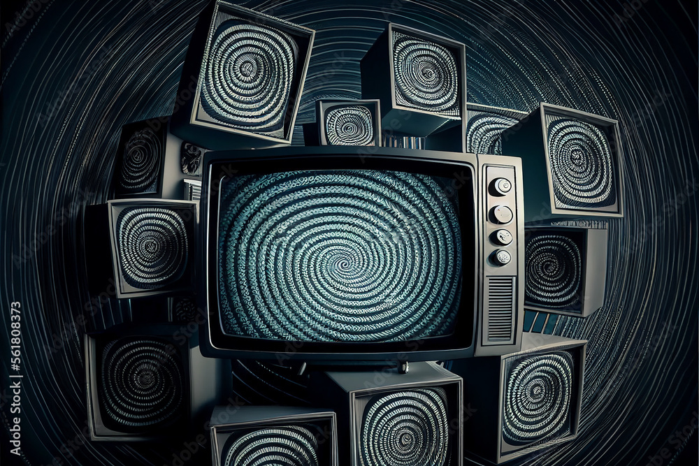 A lot of retro televisions in dark room. TV addiction, propaganda and ...