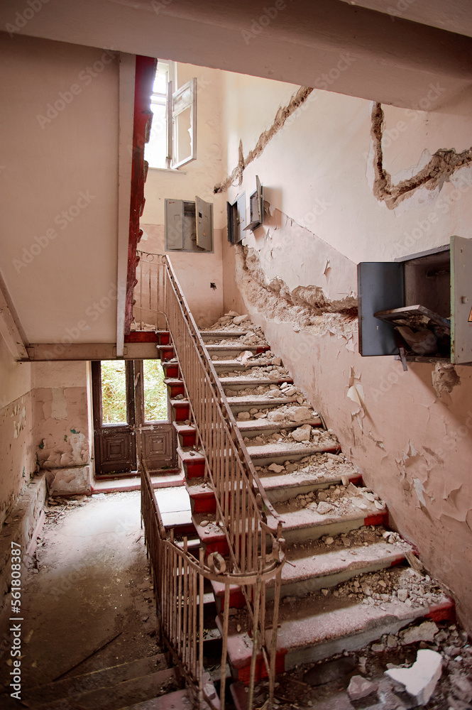Abandoned staircase in destroyed building. Stock Photo | Adobe Stock