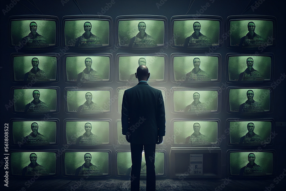 Man watches a lot of televisions in dark room. TV addiction, propaganda ...