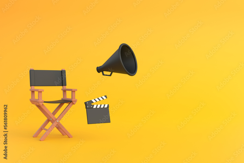 Director chair, clapperboard and megaphone on yellow background. Movie ...