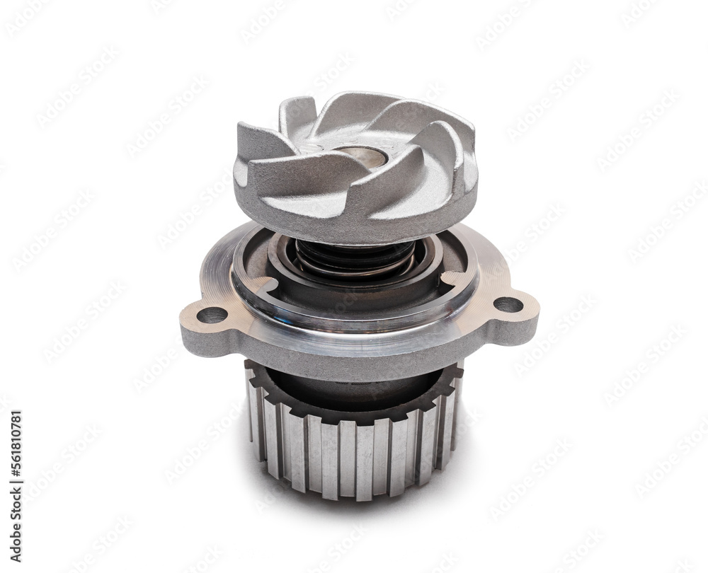 Coolant pump with impeller close-up. Water pump isolate on white ...