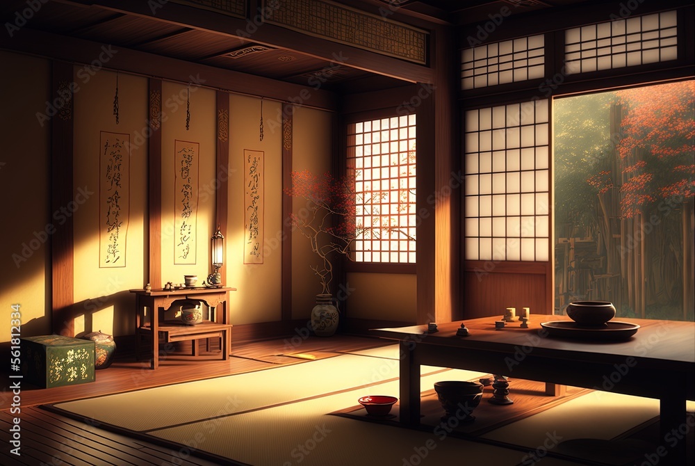 The decor of a traditional Japanese house or martial arts hall ...