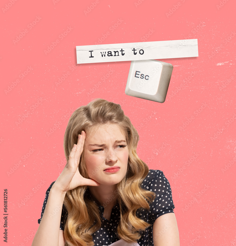 Annoyed woman thinking about her personal problems. Contemporary art ...