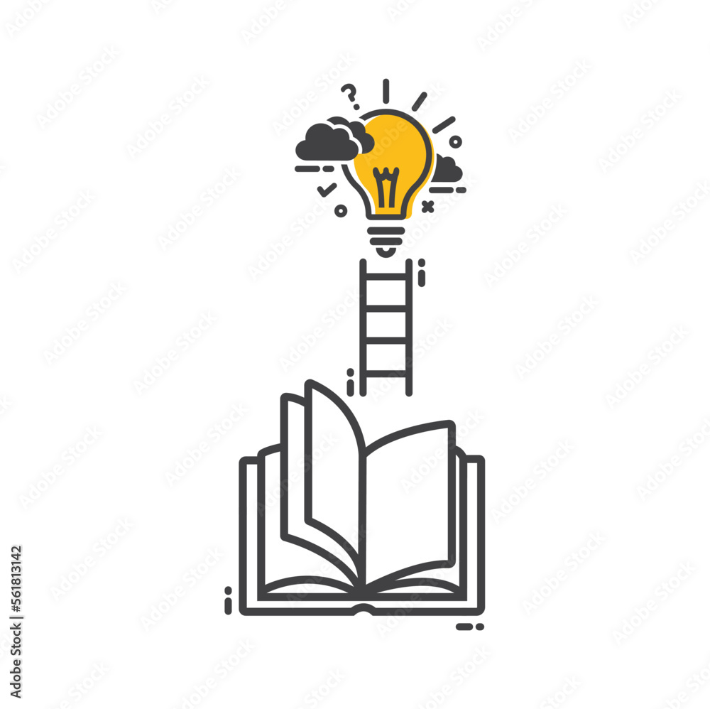 Open book with lightbulb, concept new knowledge. A book with a ladder ...