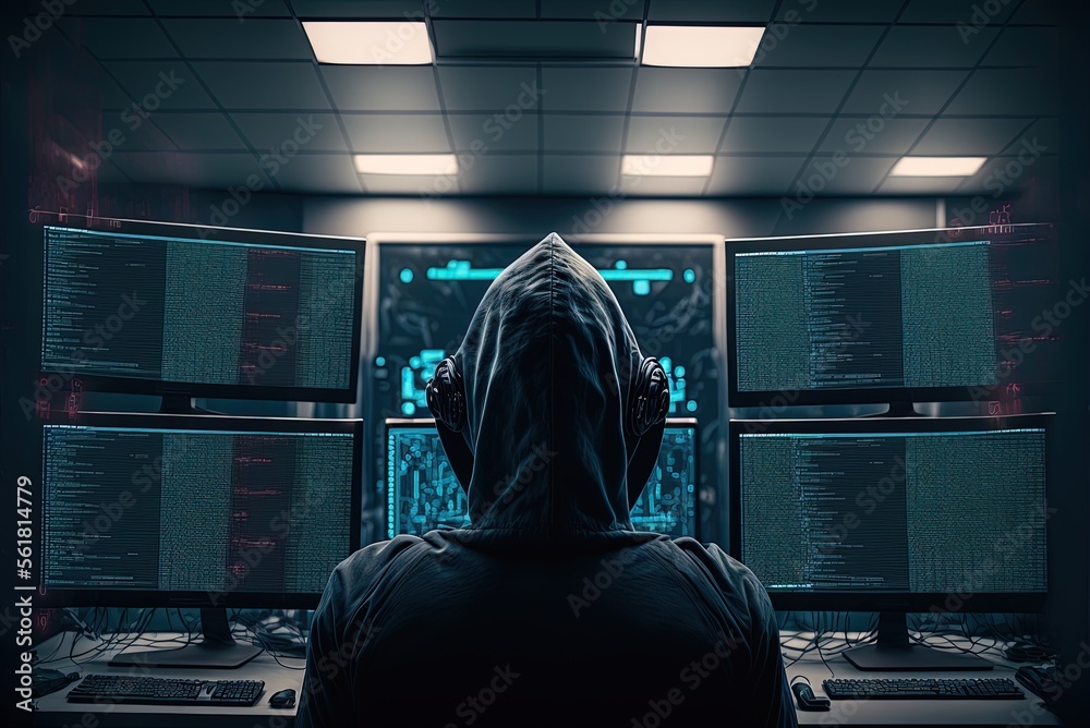 Anonymity-wearing hacker in a server room full with screens showing ...