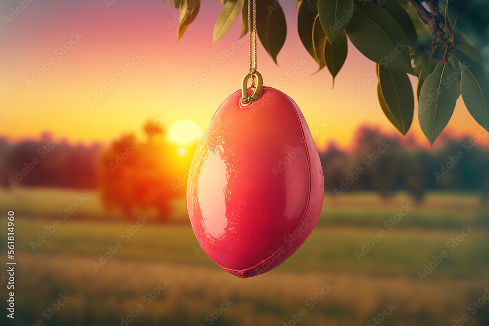 Fresh Japanese red Mango fruit is hung from a tree with greenery and a ...