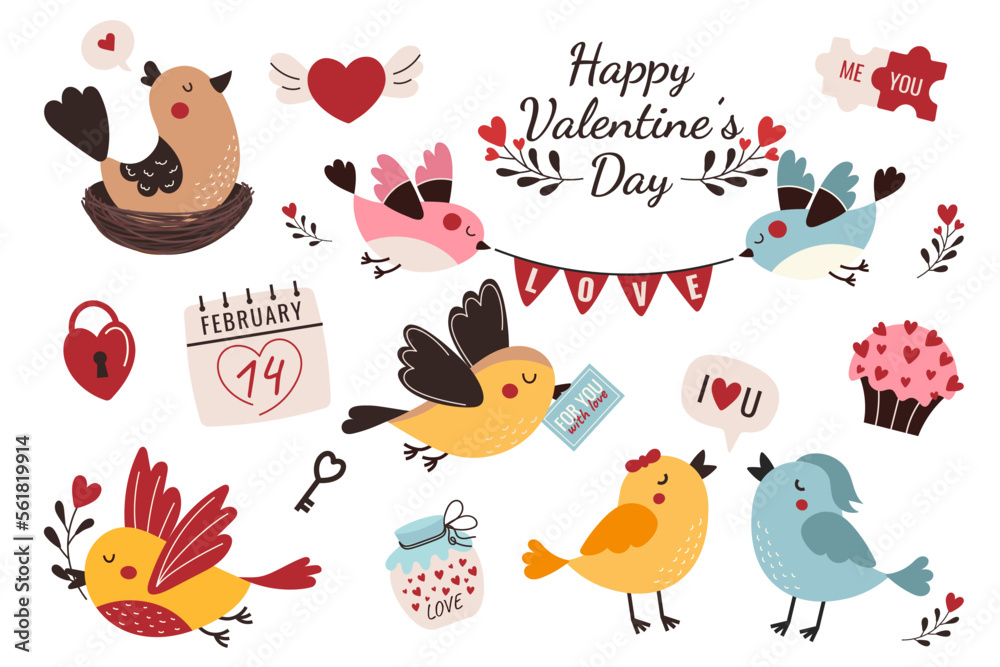 Beautiful and cute multi-coloured birds. Valentine's Day set. Vector ...