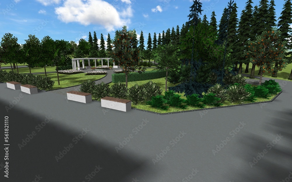 3d image of the landscape design of the city square. Computer ...