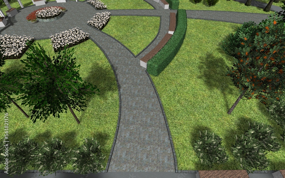 3d image of the landscape design of the city square. Computer ...