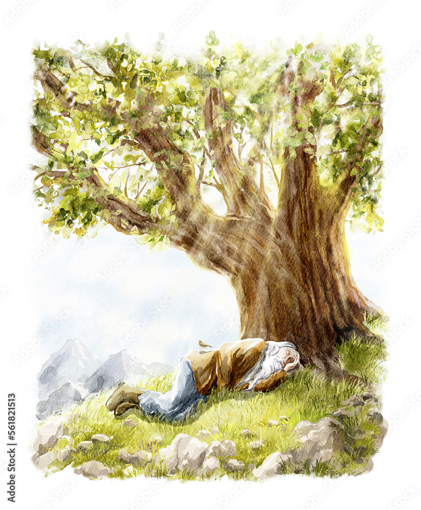 Watercolor fantasy elderly man Rip Van Winkle sleep under an oak tree ...