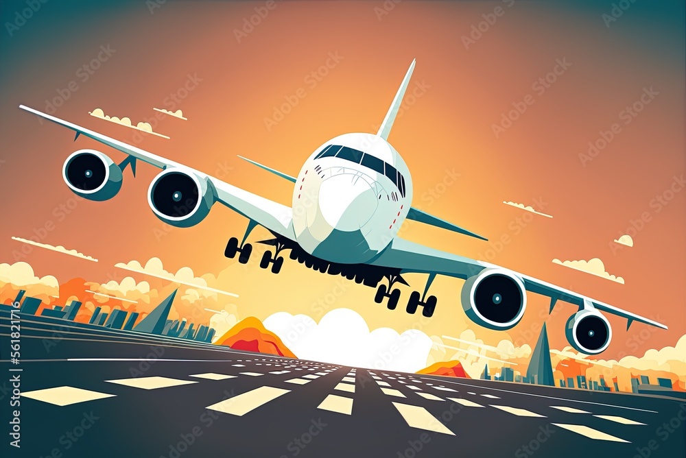 Airplane in white over a runway in a cartoon. commercial flight takeoff ...