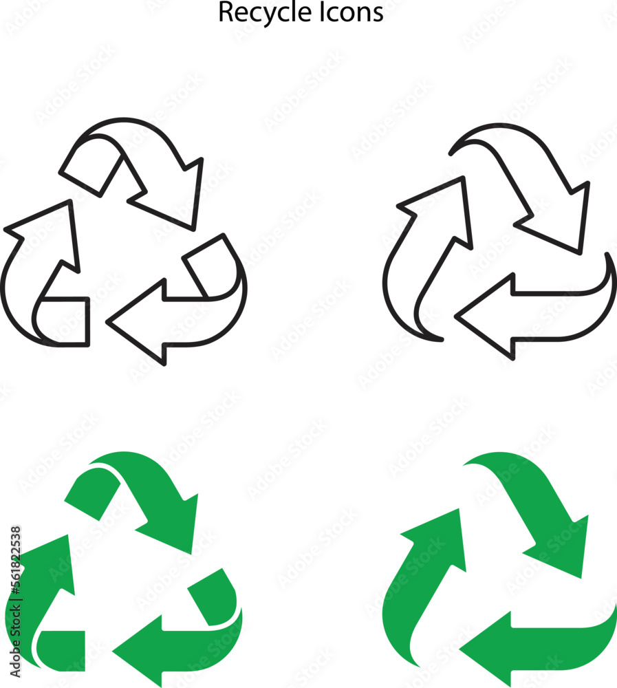 Recycle icon set isolated on white background. Recycled cycle arrows - green, outline, black ...