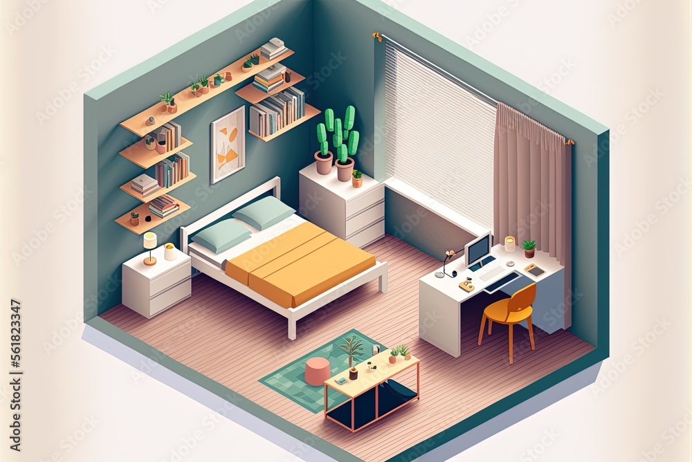 Isometric view of the inside of a contemporary bedroom shown in section ...