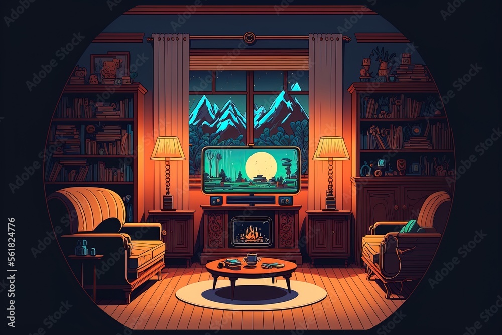 Nighttime in the cartoon family room. From the couch, in front of the ...