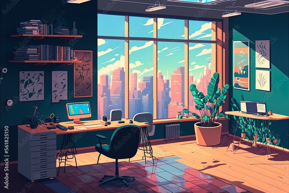 Toon workspace, open office area with cubicles, desks, and windows ...