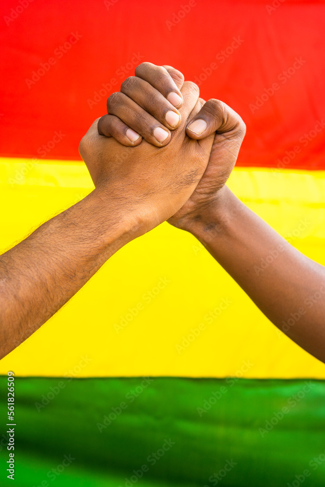 vertical shot of Two diverse hands joining hands against black history ...