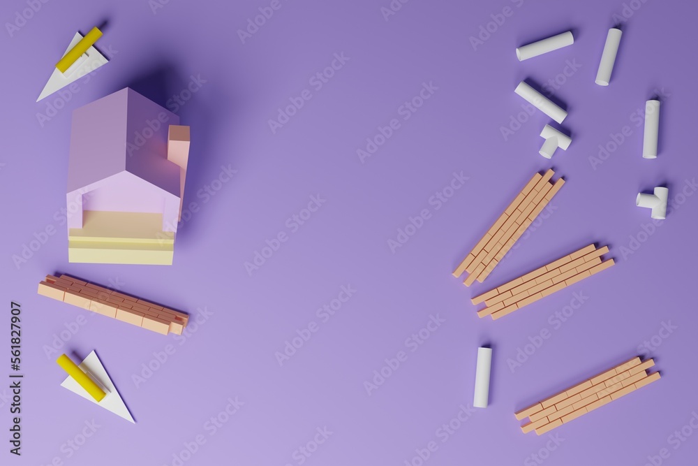 Purple model house under construction, construction equipment, brick ...
