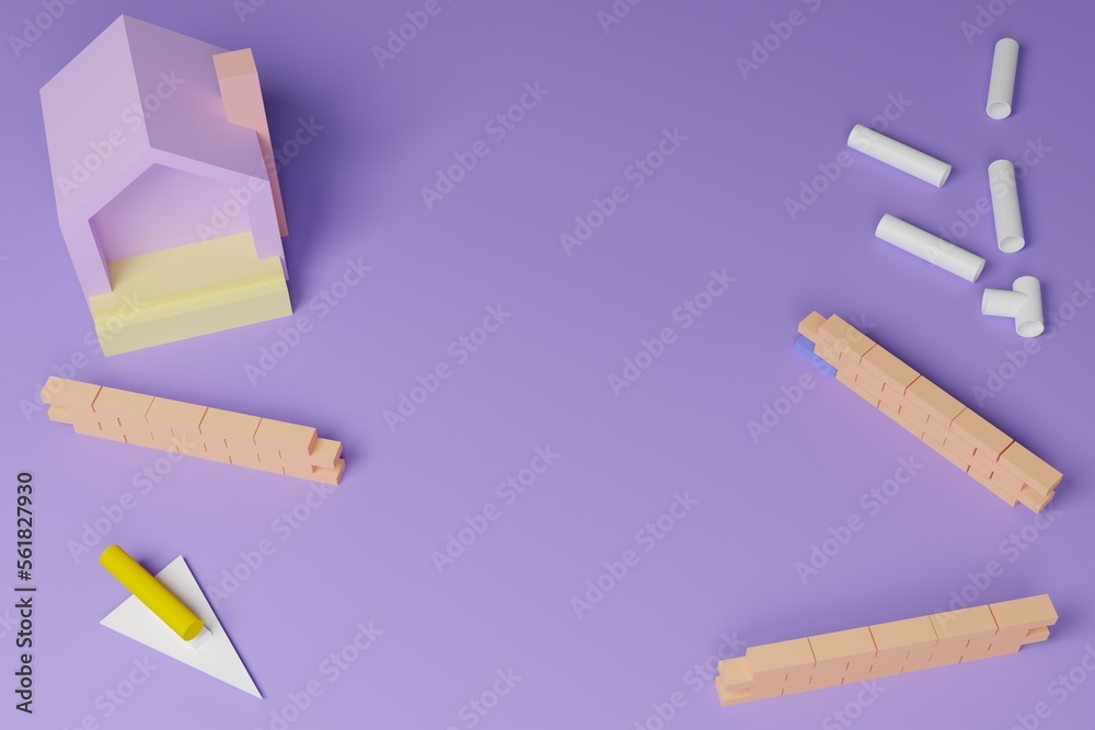 Purple model house under construction, construction equipment, brick ...