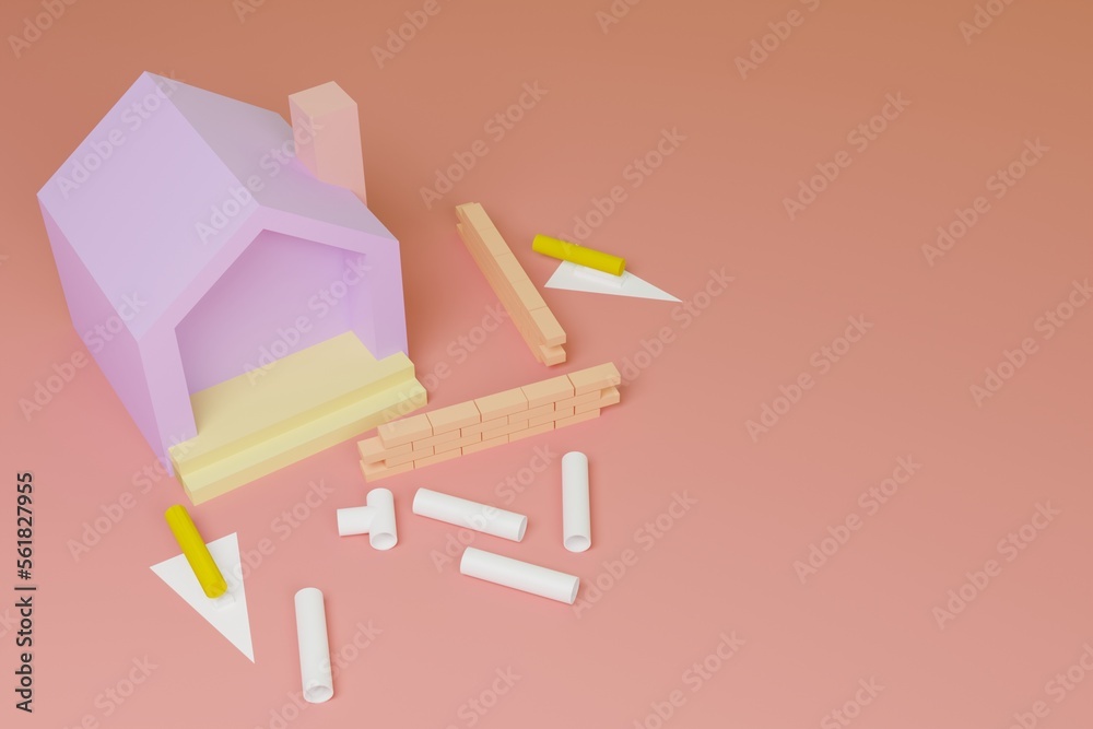 Purple model house under construction, construction equipment, brick ...