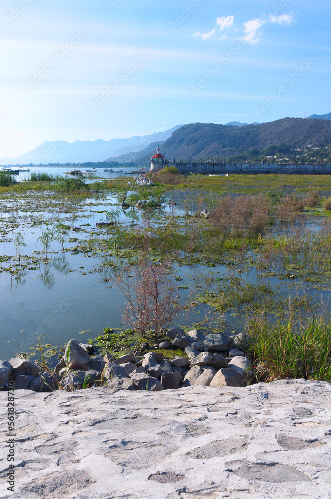 lake chapala inlet with boats birds pier and surrounding mountains in ...