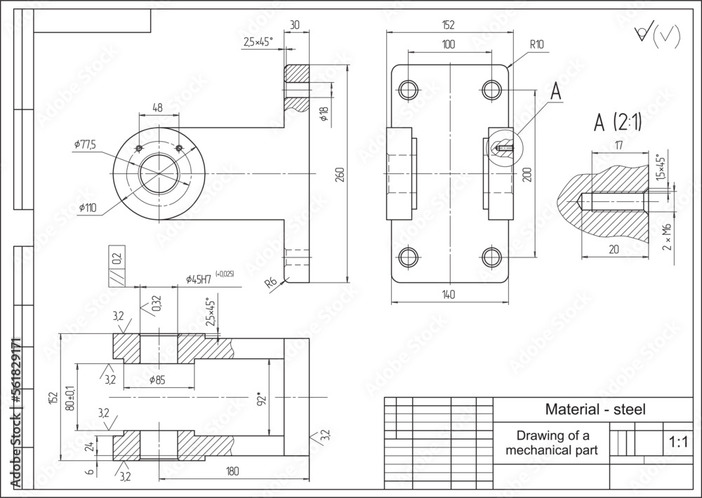 Vector drawing of a steel mechanical part with through holes ...