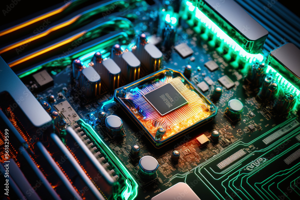 rgb neon lit cpu on a motherboard made by generative ai Stock ...