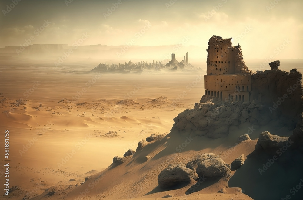 Ancient city ruins in a deserted landscape. Desert storm. Windy and ...