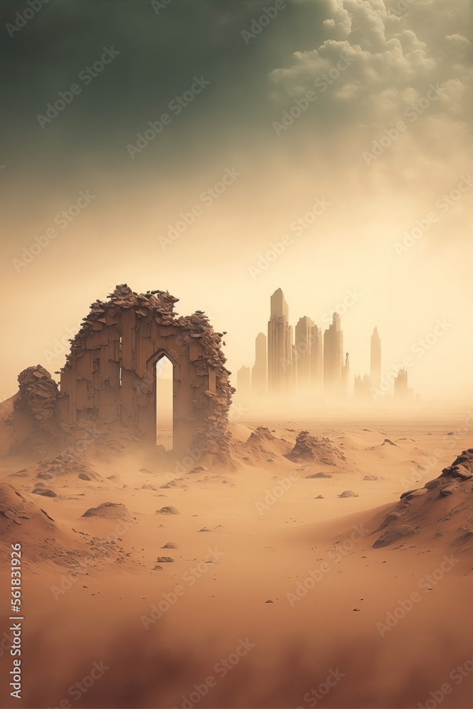 Stone ruins in a deserted barren landscape. Sunset. Sandstorm landscape ...