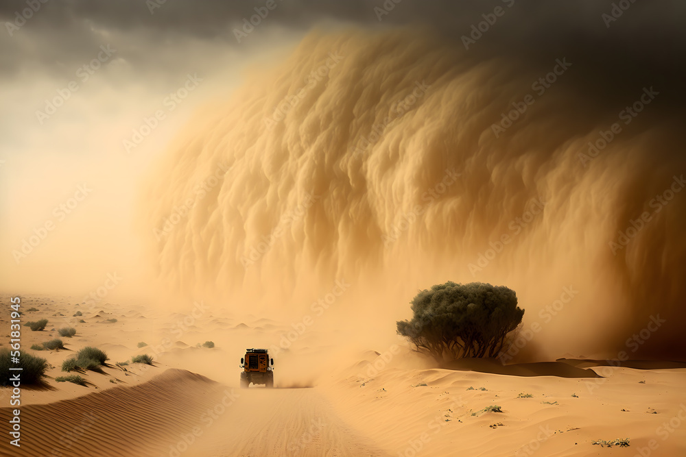 Illustrative painting of a strong sandstorm in the middle of a desert ...
