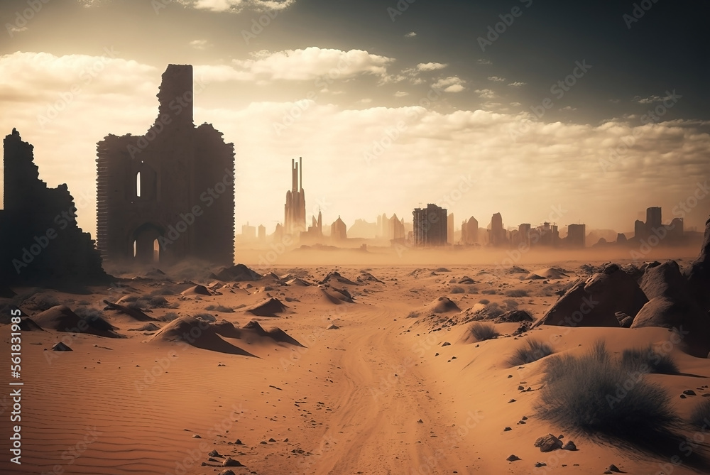 Dry barren landscape with a deserted dirt path leading to city ruins ...