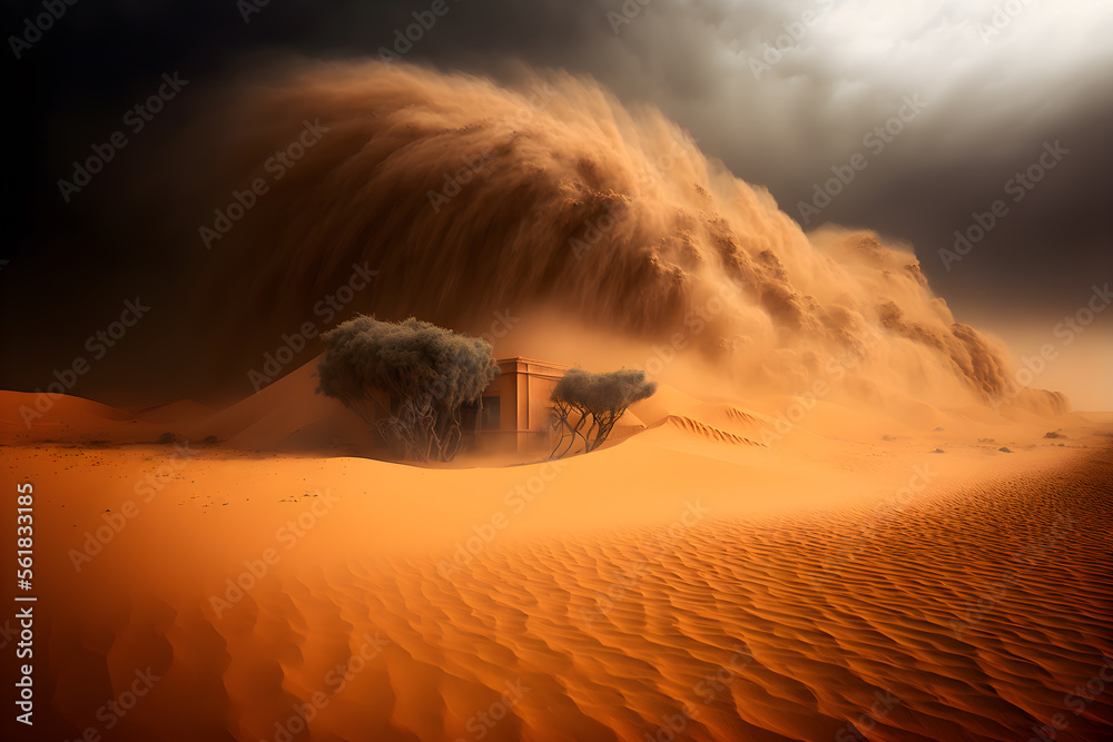 Illustrative painting of a strong sandstorm in the middle of a desert ...