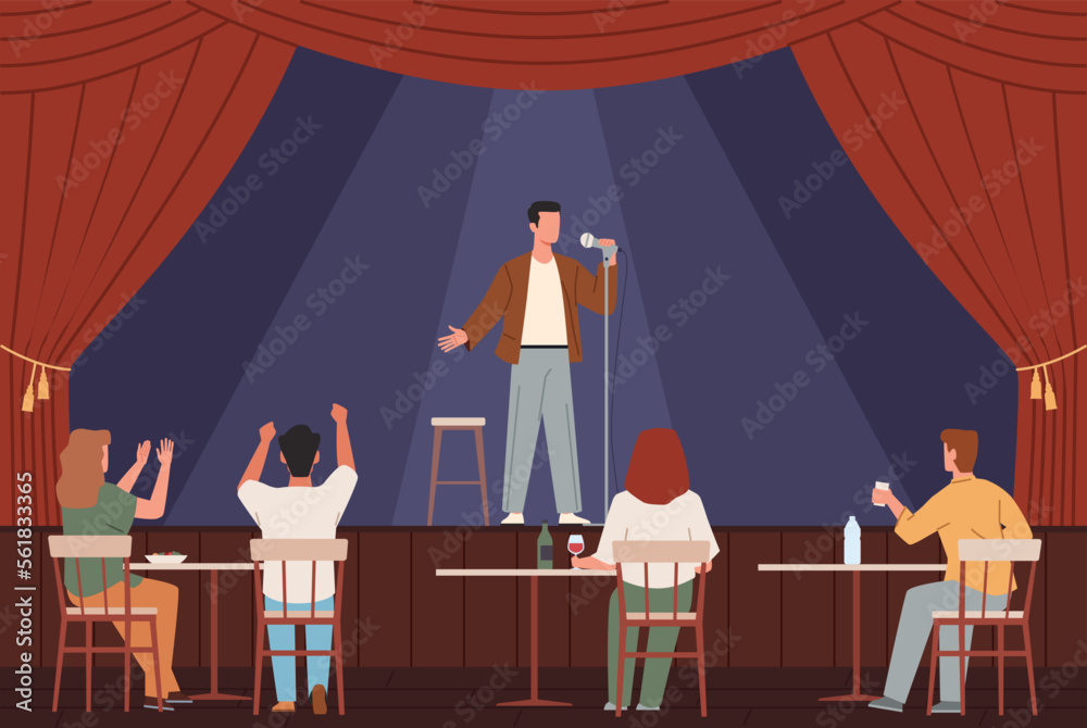 Audience in club. Artist on stage performs in public front, standup ...