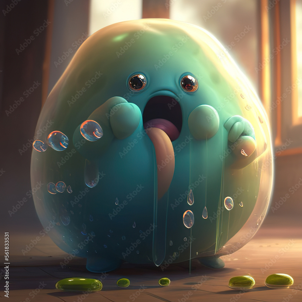 Cute and fat green slime monster standing and yawning, generative art ...