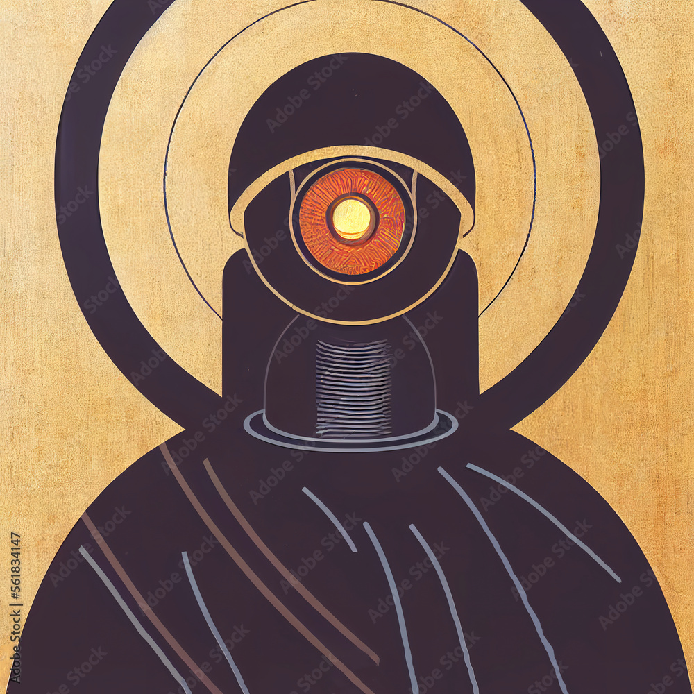 Religious icon of the orthodox church with evil robot with a tracking ...