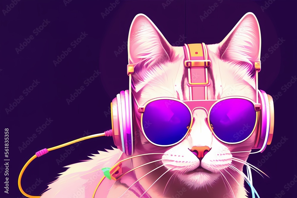 Cool cat with headphones and sunglasses listening to music. Flat, neon ...