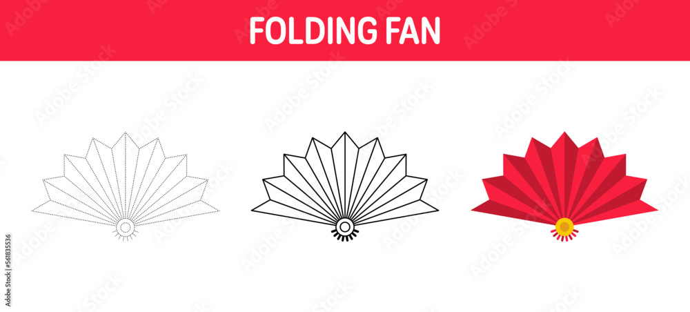 Folding Fan tracing and coloring worksheet for kids Stock Vector ...