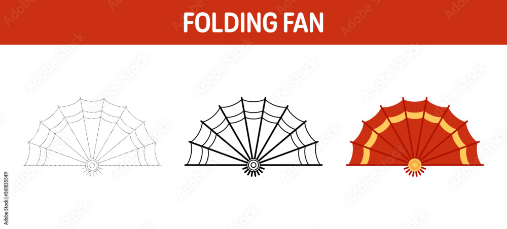 Folding Fan tracing and coloring worksheet for kids Stock Vector ...