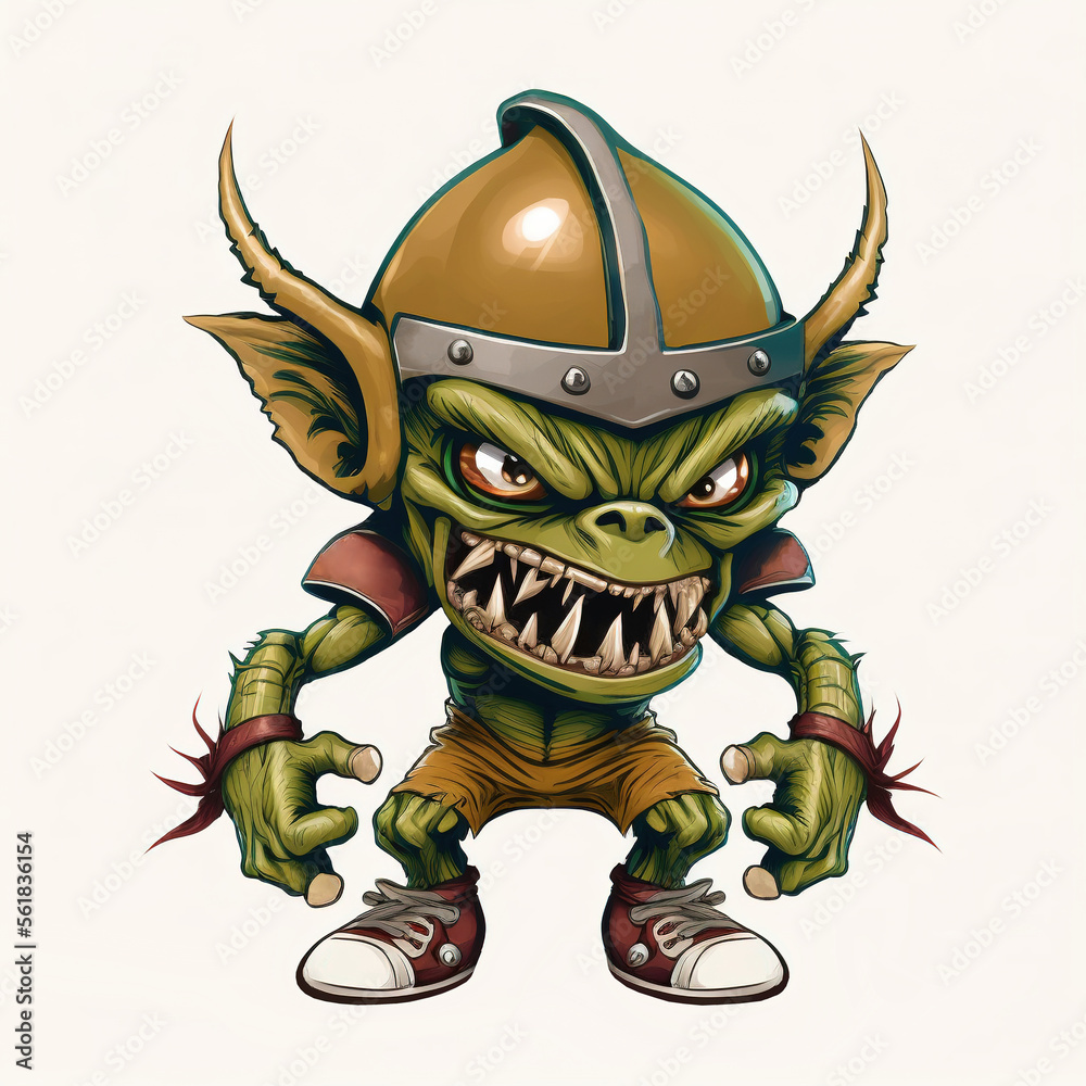 Scary gremlin or green goblin with sharp teeth and helmet on his head ...