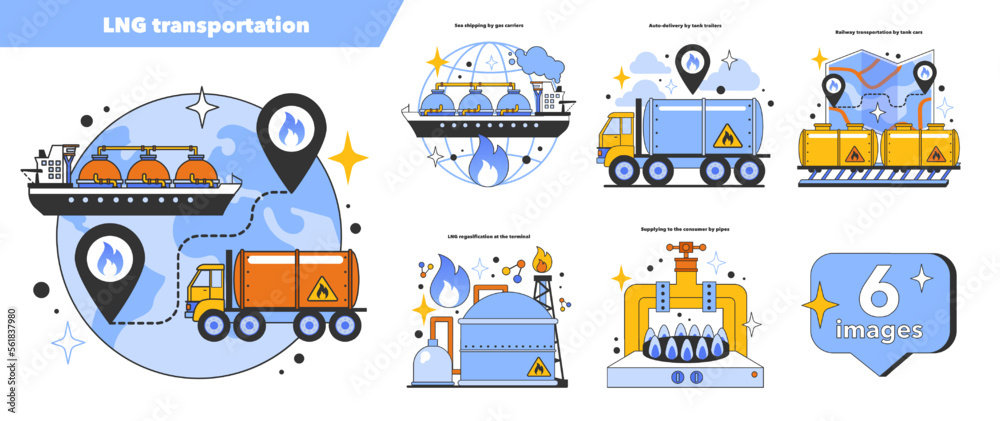 LNG transportation set. Liquefied natural gas logistics. Natural ...