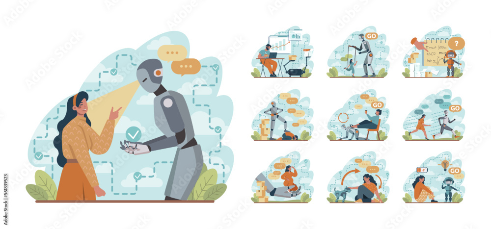 Robot concept set. Artificial intelligence and human synergy. Robot for ...