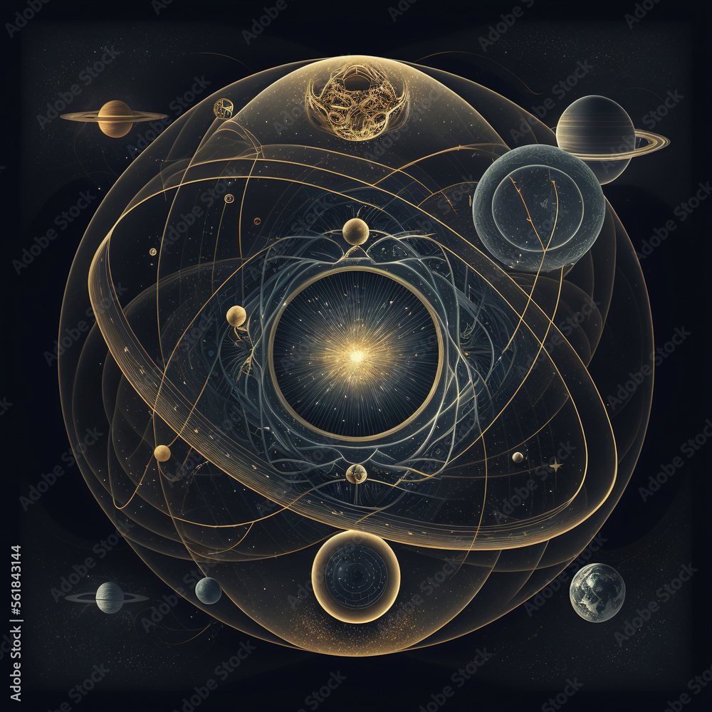 Geometric drawing of the orbits of the planets on black paper for ...